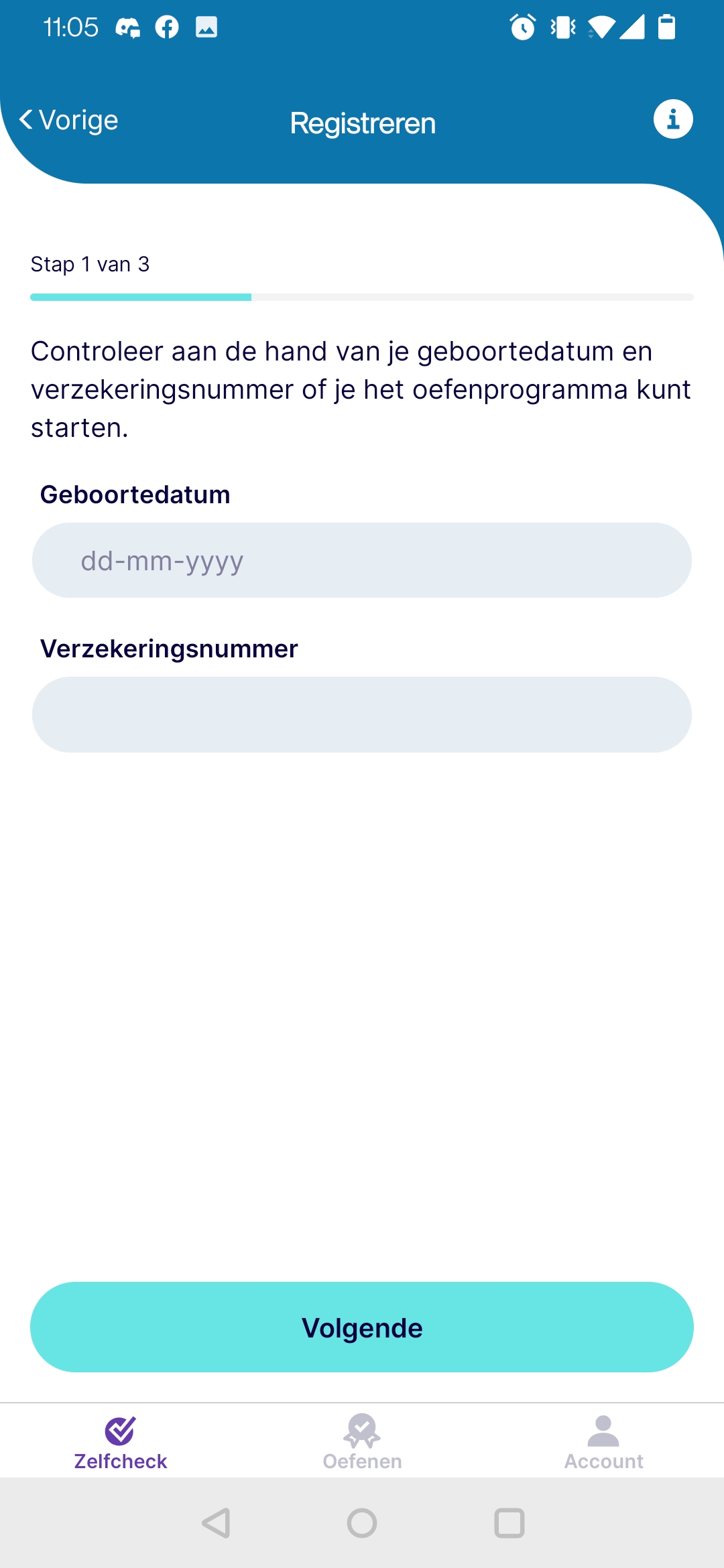 Registratie stap 1 – Fysio zelfcheck