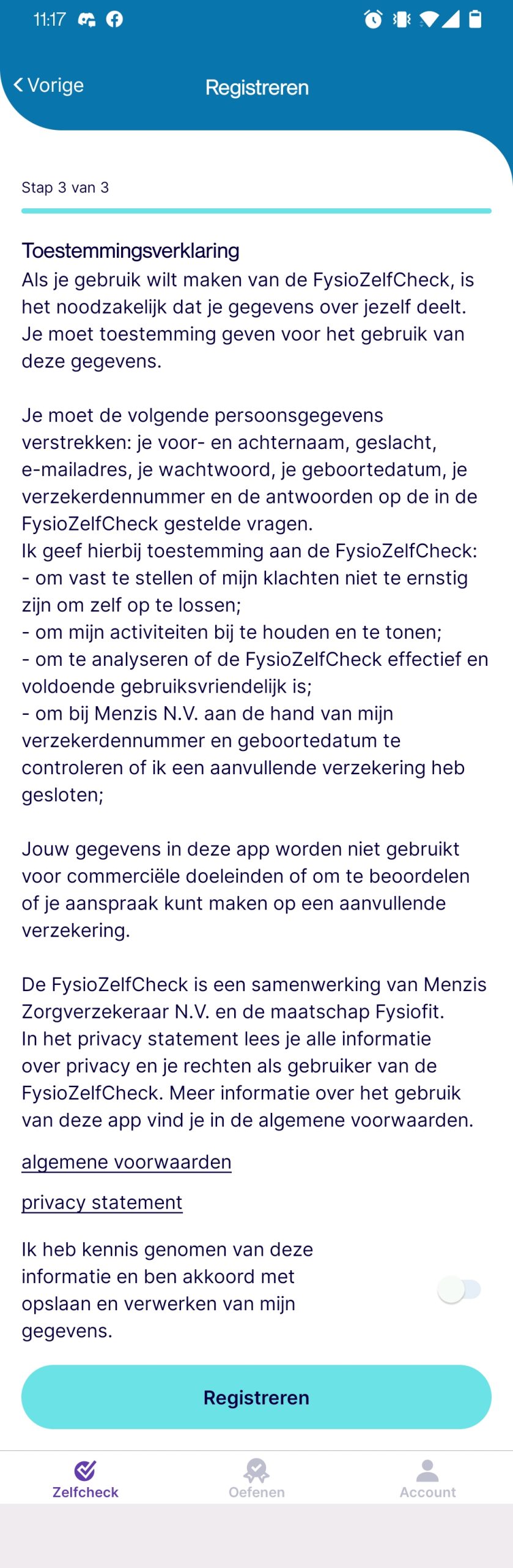 Registratie stap 3 – Fysio zelfcheck