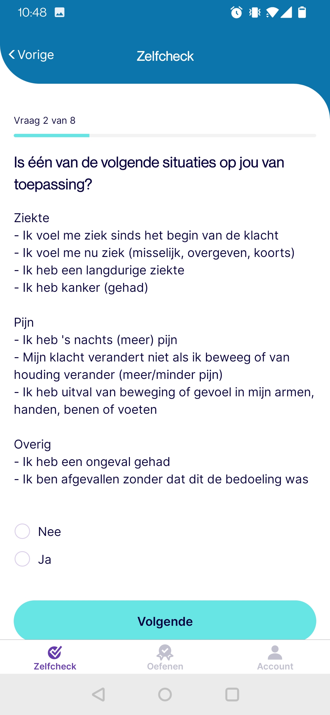 Vragenlijst weergave 2 – Fysio zelfcheck